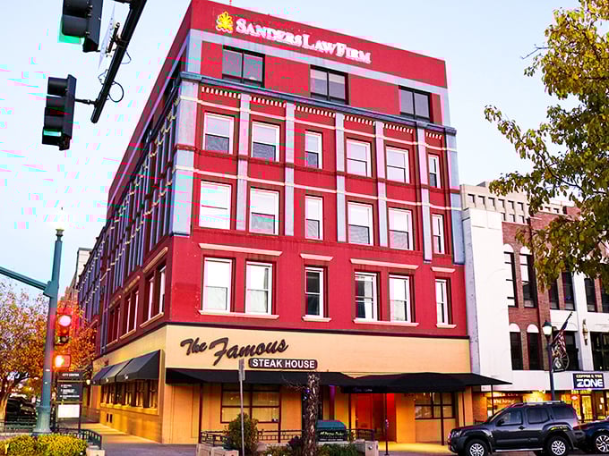 The Famous Steakhouse (red building): "That bold red building isn't subtle, but neither is the flavor bomb waiting inside. Subtlety is overrated anyway."