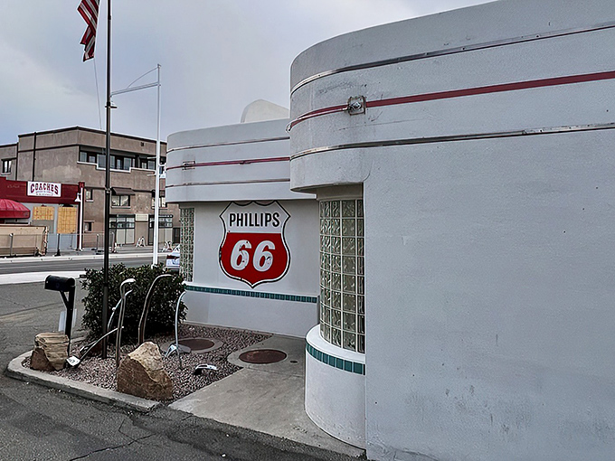 The Phillips 66 shield stands guard outside this diner where milkshakes are still served the way Archie and Jughead would recognize.