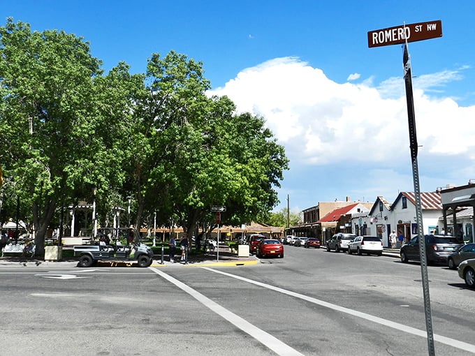 Old Town Albuquerque, where adobe buildings and blue skies create the perfect backdrop for affordable retirement adventures.