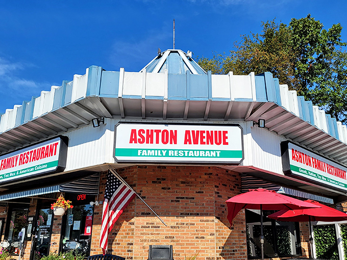 The American flag waves proudly outside this family spot where comfort food reigns supreme.