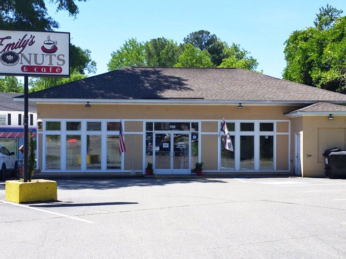 Morning sunshine meets donut heaven at Emily's. The American flags add patriotic flair to this Williamsburg treasure.