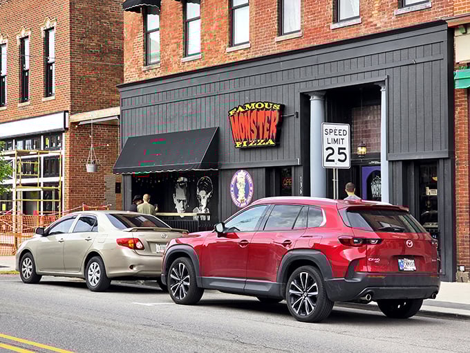 Classic monster movie vibes with a side of pepperoni – where every slice comes with a perfectly eerie atmosphere.