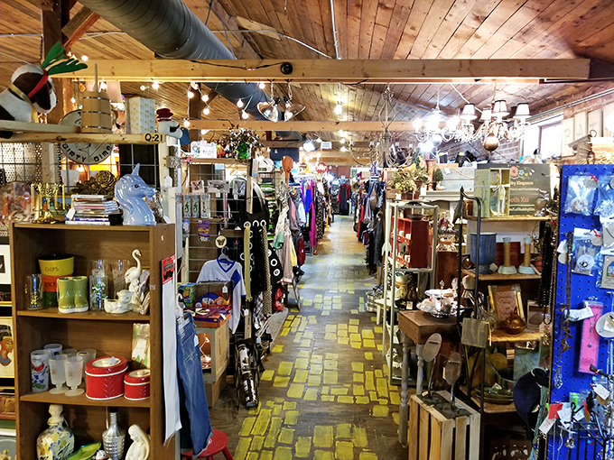 Rustic wooden beams and twinkling lights create the perfect backdrop for treasure hunting at this delightfully eclectic marketplace.