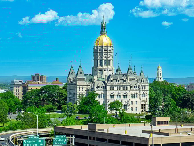 The golden dome of Hartford's Capitol Building shines like a beacon against the blue sky, a postcard-perfect Connecticut moment.