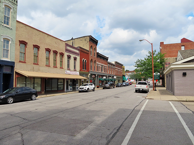 Red bricks, old storefronts, and sky-blue clouds—downtown Lafayette proves the best views aren’t always above.