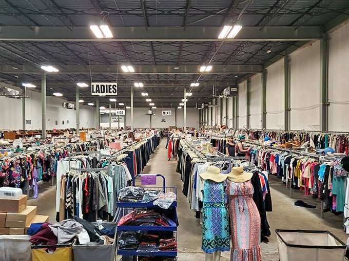 A sea of clothing racks stretches to the horizon. In this wonderland of secondhand fashion, patience is always rewarded.