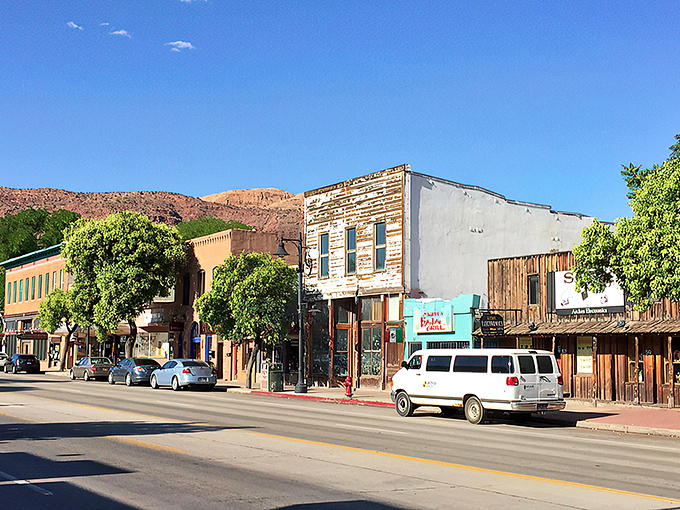 Historic storefronts line Moab's charming downtown, where small-town prices come with million-dollar views of Utah's famous red rock country.