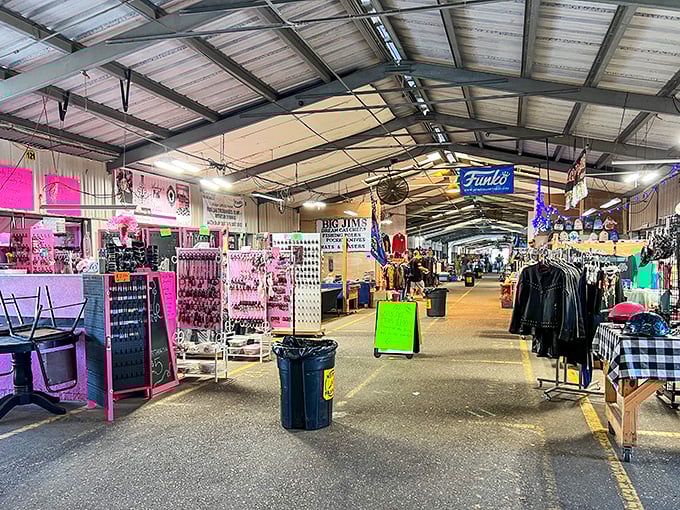 Neon dreams and vintage finds! Mobile Flea Market's colorful indoor aisles feel like a treasure cave where every booth holds new possibilities.