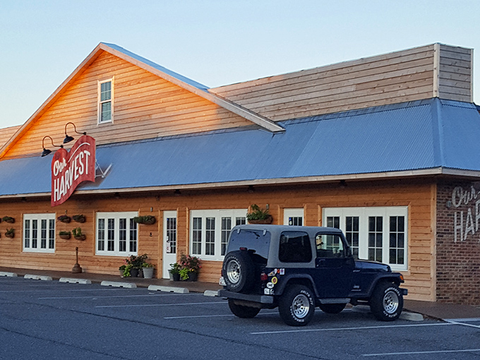 Sunset casts a golden glow on Our Harvest, where the log cabin exterior is just a preview of the rustic culinary magic happening inside.