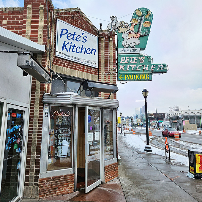 That vintage 24-hour sign might as well say "Breakfast Salvation Available Anytime" &ndash; Denver's greasy spoon royalty.