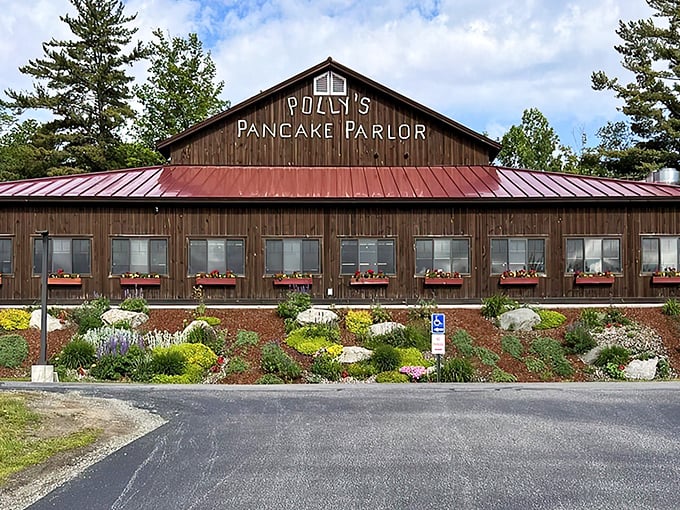 A rustic wooden cathedral dedicated to the holy trinity of pancakes, maple syrup, and mountain views.