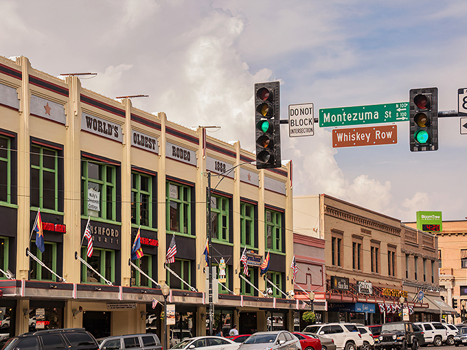 The famous Whiskey Row in Prescott, where the Wild West spirit lives on between historic brick facades and modern-day merriment.