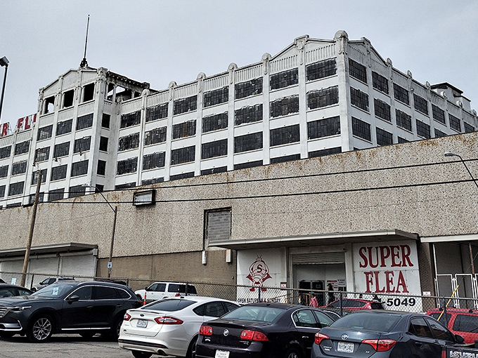 The modern-day treasure hunt begins here. Cars fill the lot as shoppers prepare to embark on their quest for the unexpected.