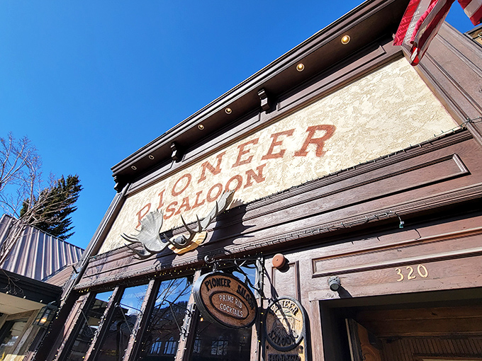 The Pioneer Saloon's weathered sign and antler decor announce you've found steak heaven in Ketchum's historic heart.