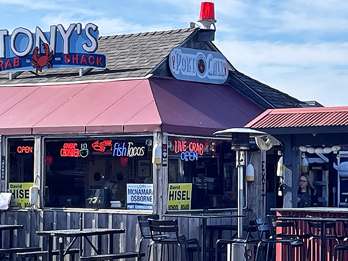 Tony's Crab Shack: Red-roofed and ready for business! When a sign proudly announces "LIVE CRAB OPEN," it's like a coastal bat signal for seafood lovers.