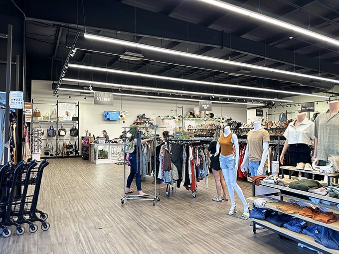 Inside Uptown Cheapskate, mannequins stand proudly dressed in yesterday's fashion finds, silently bragging about how little they cost their new owners.