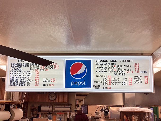 The menu board&mdash;a sacred text for seafood pilgrims. Simple offerings with no pretension, just like grandma would appreciate.