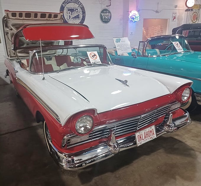 This red and white 1957 Ford Fairlane isn't just a car&mdash;it's America's post-war optimism rendered in steel and chrome, ready for a Saturday night cruise.