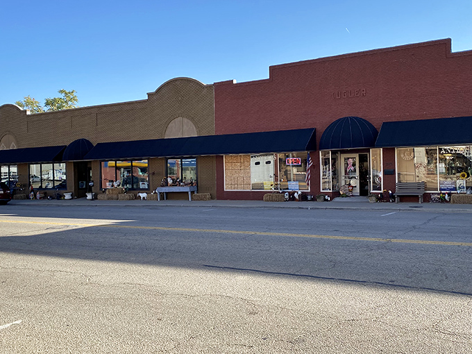 Blue awnings and clean lines give this stretch of downtown shops a timeless appeal. The kind of place where window shopping turns into "how will this fit in my car?"