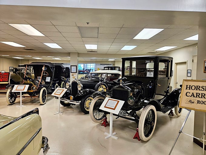 These aren't just old cars&mdash;they're time machines. Early models stand at attention, their wooden wheels and brass fittings whispering stories of a bygone era.