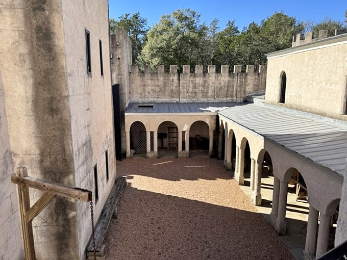 The inner courtyard where knights once trained (or at least where modern-day Texans pretend they did). Medieval social distancing at its finest.