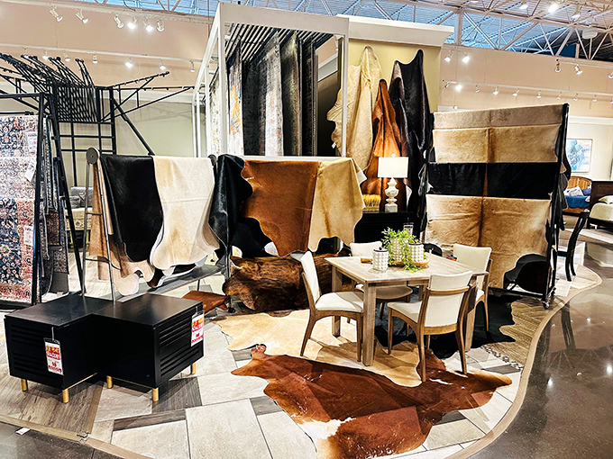 Cowhide heaven! Where rustic meets modern in a display that would make both cowboys and interior designers nod in approval.