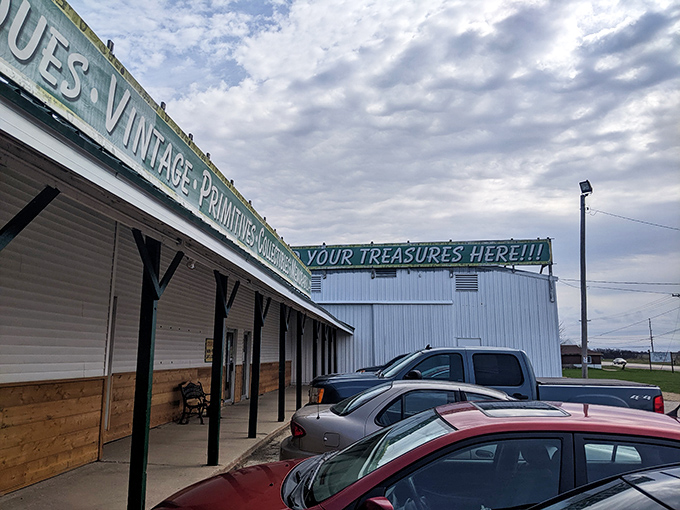 "Find Your Treasures Here!!!" isn't just a sign – it's a promise. This vintage market is a siren call to collectors who know that one person's clutter is another's conversation piece.