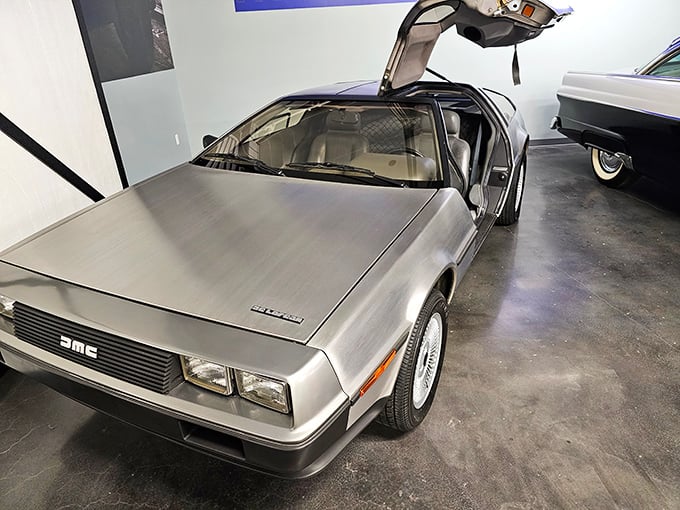Great Scott! The iconic DeLorean DMC-12 sits ready for time travel&mdash;or at least for transporting visitors back to 1985 and their "Back to the Future" fantasies.
