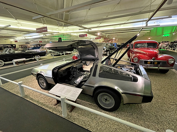 Great Scott! The DeLorean DMC-12 sits in all its stainless steel glory, gull-wing doors open as if ready to transport you back to 1985.