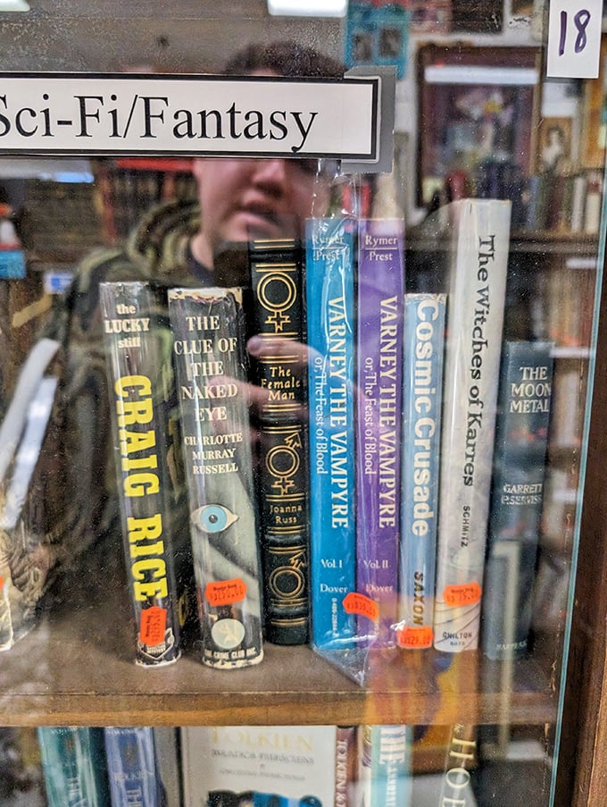 Behind glass, sci-fi and fantasy classics stand guard like sentinels of imagination. Spot that vintage Vampire Chronicles collection!