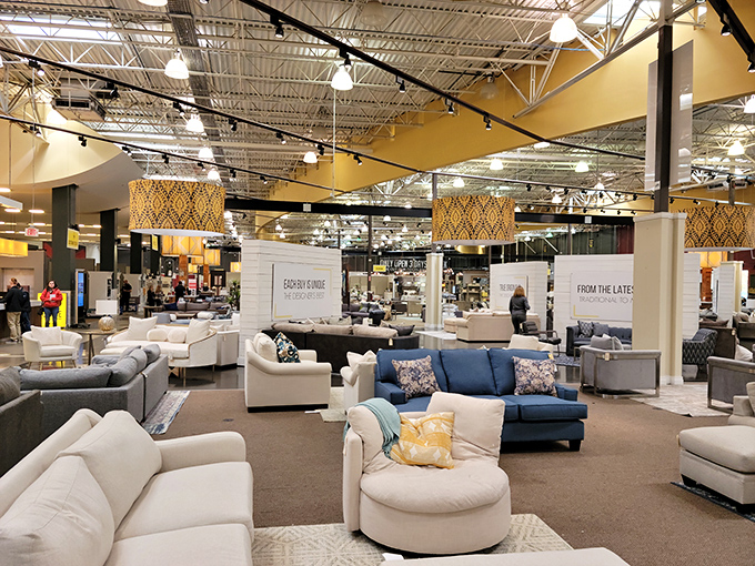 A sea of stylish sofas awaits, arranged in a way that lets you imagine them in your own living room&mdash;minus the price tag anxiety.