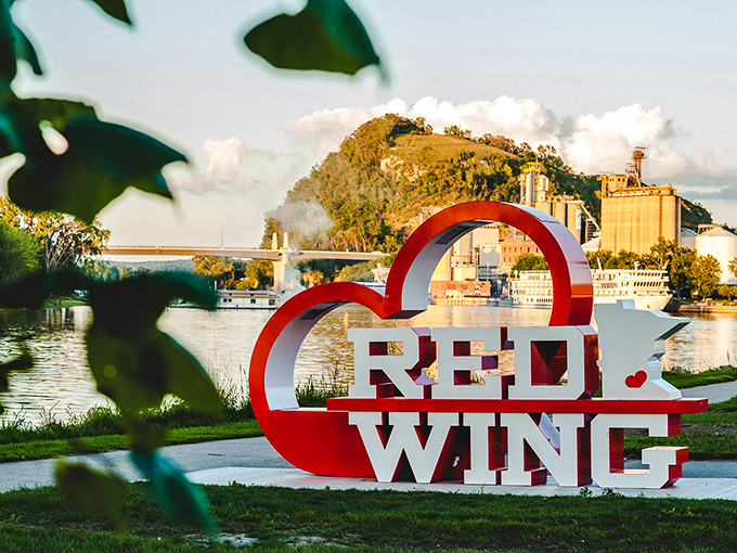 The iconic Red Wing heart sign welcomes visitors with Midwestern warmth, proving that the best landmarks aren't just photo ops—they're genuine declarations of community pride.