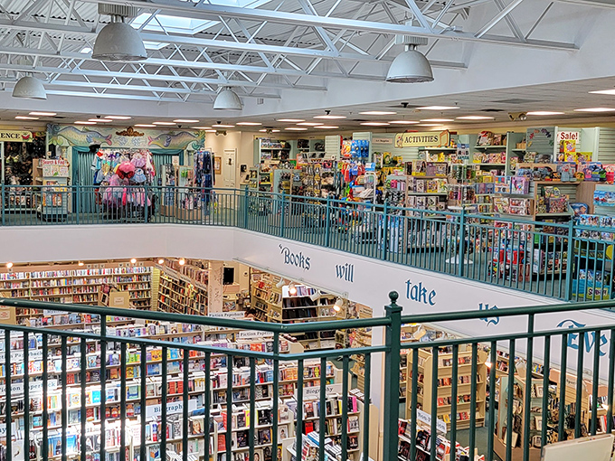 From this vantage point, you can almost hear the whispers of thousands of stories calling from both floors of this literary wonderland.