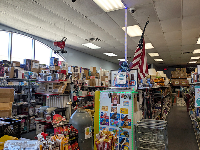 Navigation requires strategy in this wonderland of randomness. The American flag stands tall, as if saluting your savvy shopping decisions.