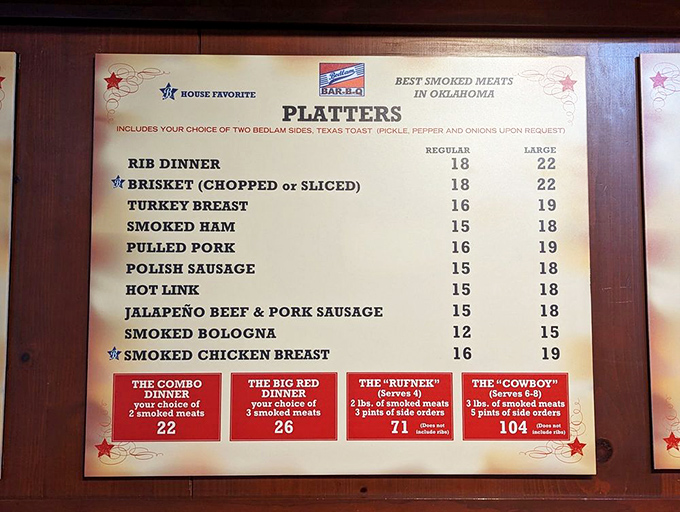 The menu board reads like poetry to meat lovers. Those little stars next to certain items? They're basically the Michelin stars of Oklahoma barbecue.