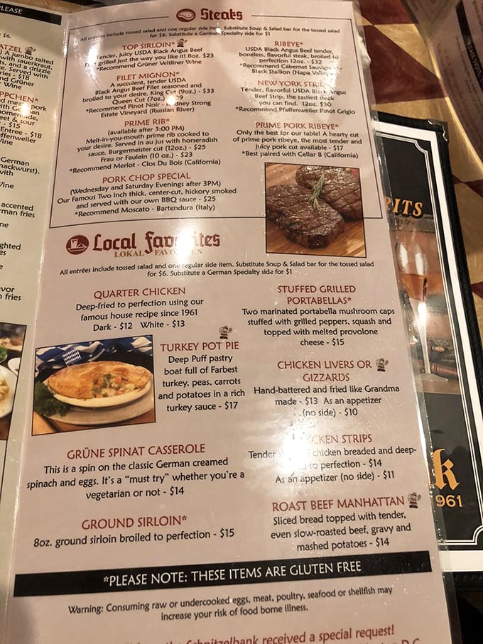 The menu reads like a love letter to German cuisine, with that prime rib stealing the spotlight like a culinary Schwarzenegger.