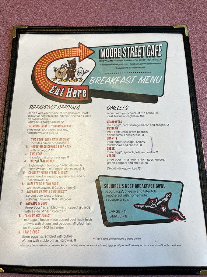 A menu that speaks the universal language of breakfast bliss. The Squirrel's Nest Breakfast Bowl alone is worth setting your alarm for. 