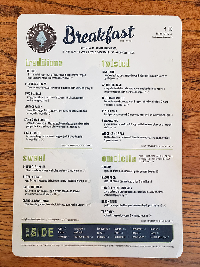 This menu isn't just a list of options; it's a treasure map to breakfast nirvana with clever names that make ordering half the fun.