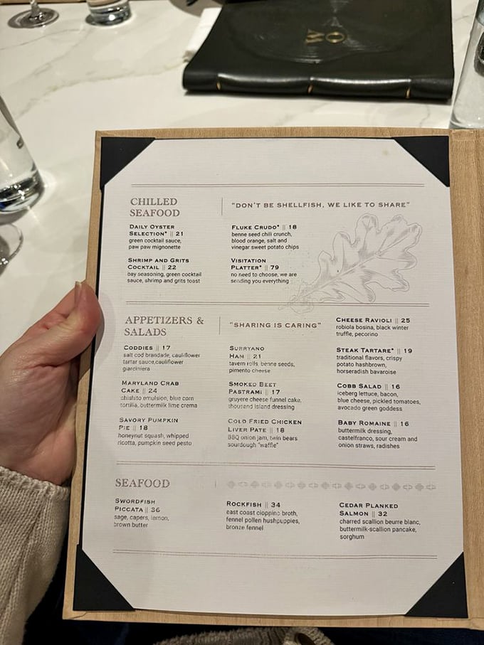 A menu that reads like a love letter to Maryland cuisine. "Don't be shellfish, we like to share" &ndash; words to live by.