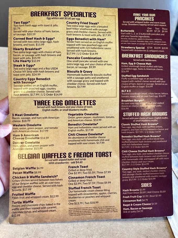 This menu isn't just reading material&mdash;it's a roadmap to happiness. The "Stuffed Hash Browns" section deserves its own zip code.