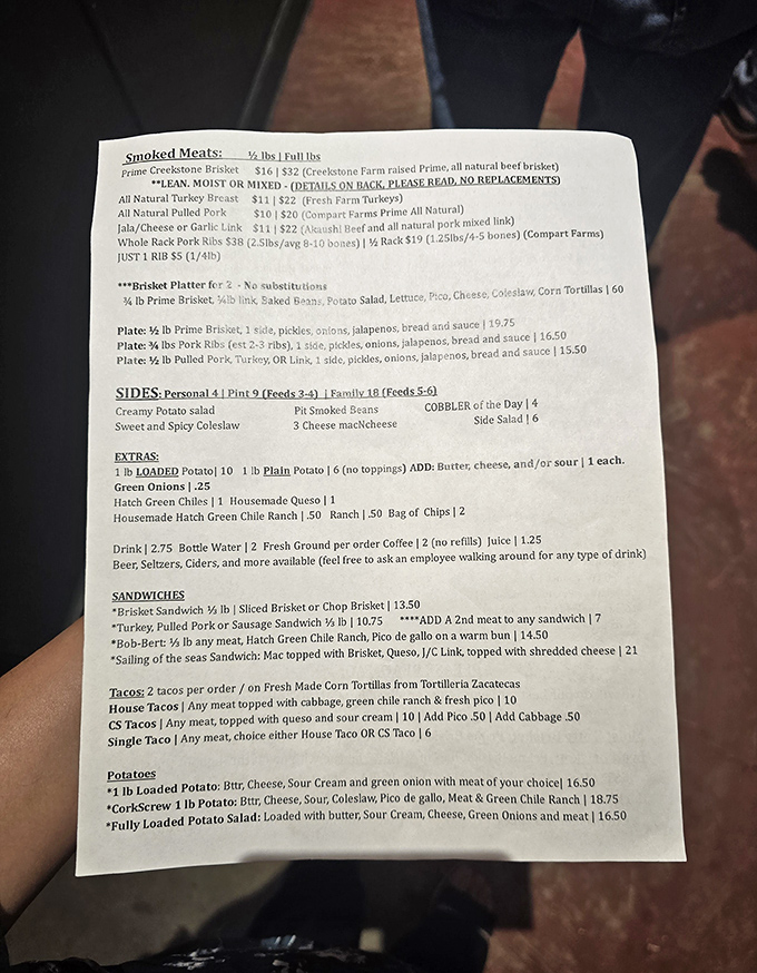 A menu that reads like barbecue poetry. Each line promises smoky delights that'll have you planning your next visit before you've finished your first bite.