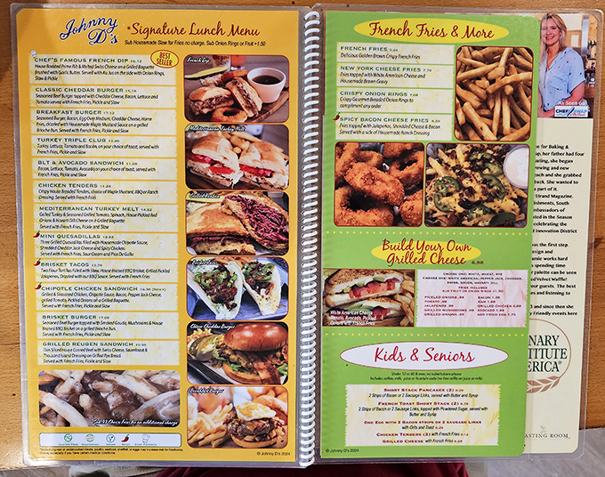 A menu that reads like a love letter to comfort food, with everything from French dip sandwiches to build-your-own grilled cheese adventures.