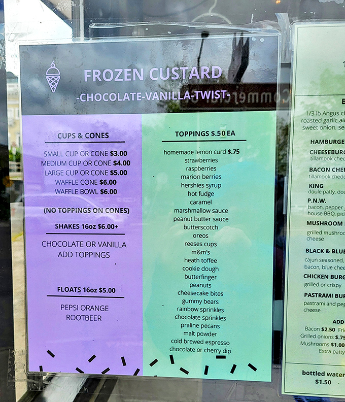 The menu board reveals the kingdom's treasures: classic flavors with an array of toppings that would make Willy Wonka jealous.