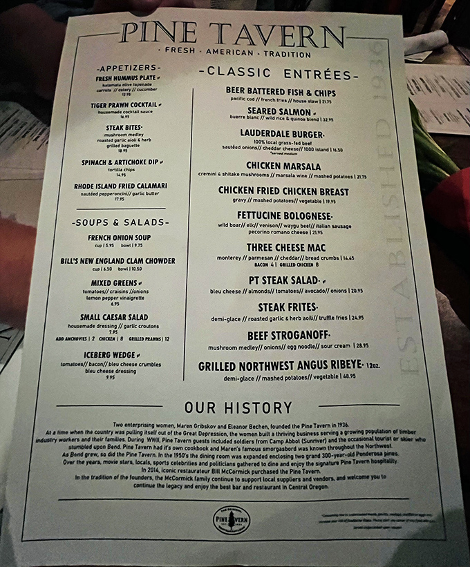 A menu that reads like comfort food poetry, featuring classics from prime rib to clam chowder that have stood the test of time.