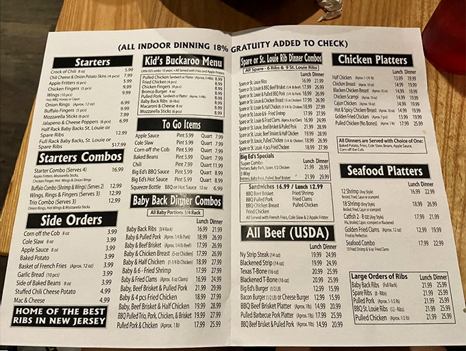 The menu at Big Ed's reads like a love letter to carnivores. "Home of the Best Ribs in New Jersey" isn't just a slogan&mdash;it's a gauntlet thrown.