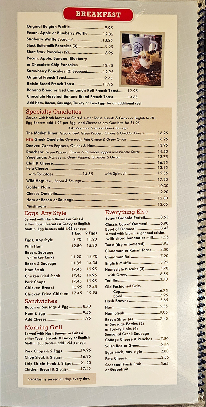 A menu that reads like a love letter to American breakfast classics, with specialty omelets stealing the spotlight.