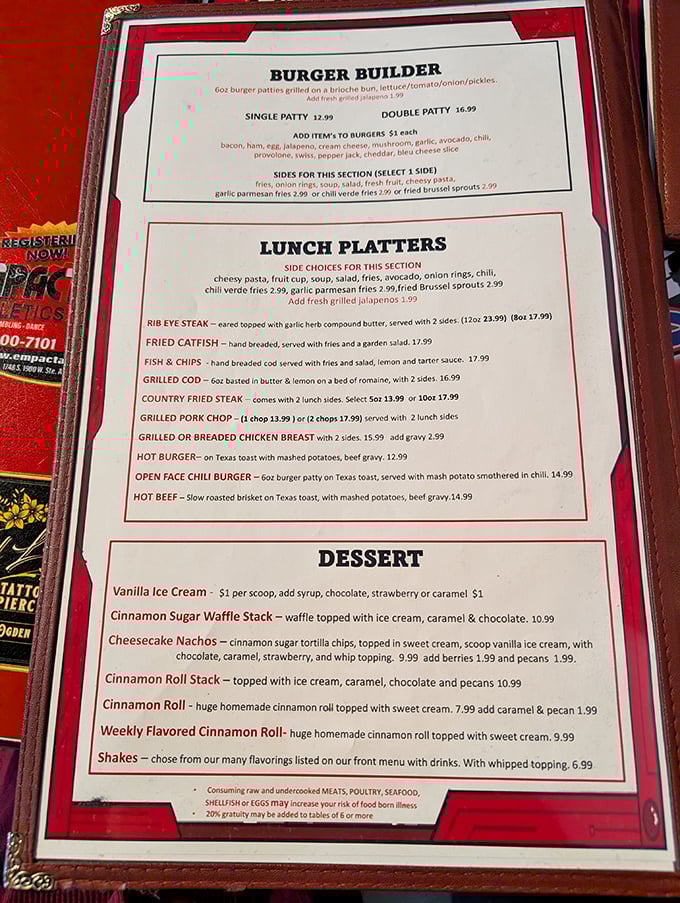 This menu isn't just food options – it's a roadmap to happiness. The burger builder section alone deserves its own GPS coordinates.