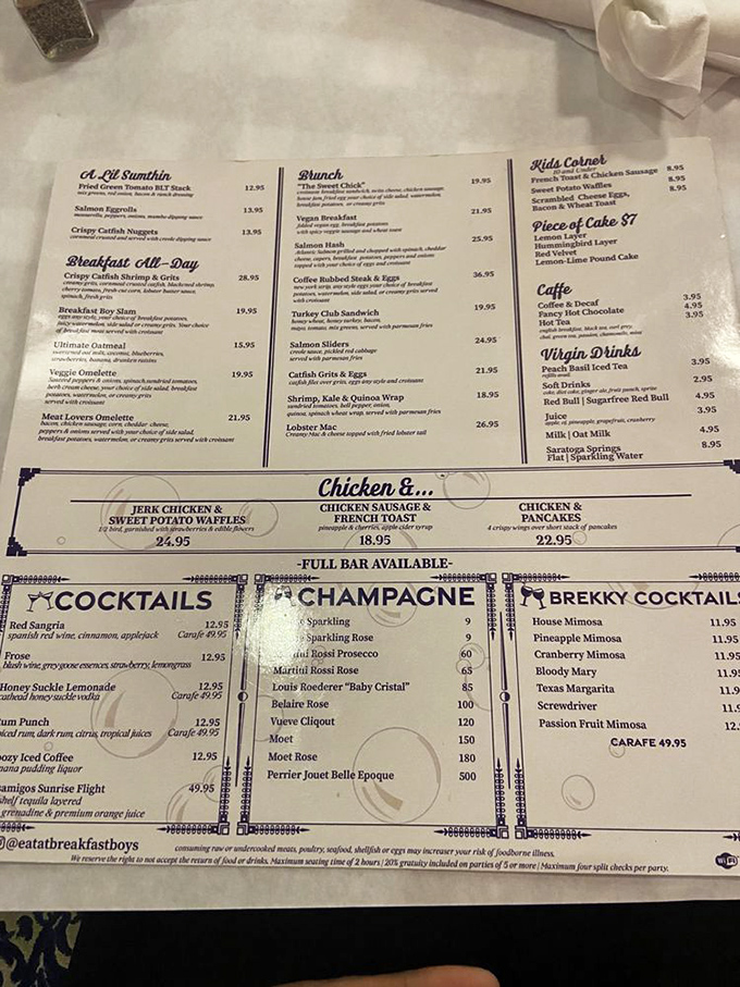 This menu isn't just a list of food—it's a roadmap to happiness with cocktails for company. Breakfast diplomacy at its finest.