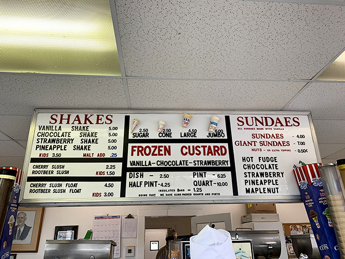 The menu board&mdash;a masterpiece of simplicity. Three flavors, infinite happiness. No need for fancy toppings when the foundation is this good.