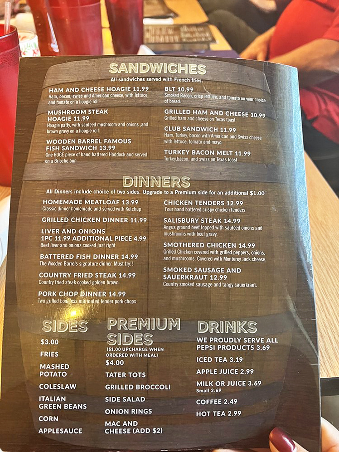 This isn't a menu&mdash;it's a roadmap to happiness. Each wooden-bordered section offers a different path to comfort food nirvana.